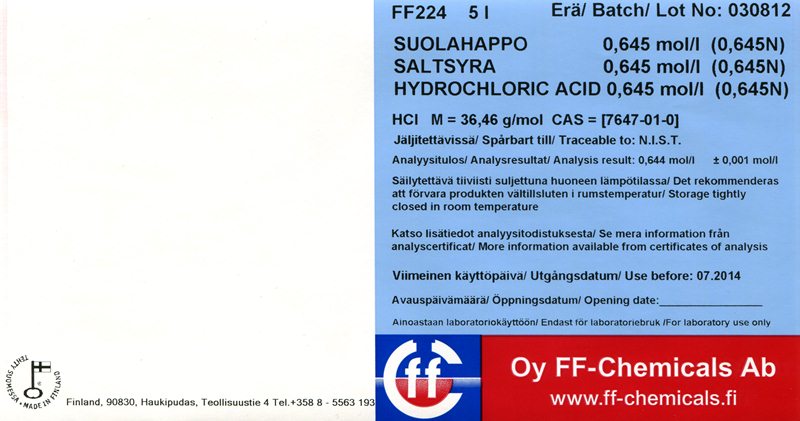 Suolahappo 0,645 mol/l, NIST-jäljitettävä - FF-Chemicals