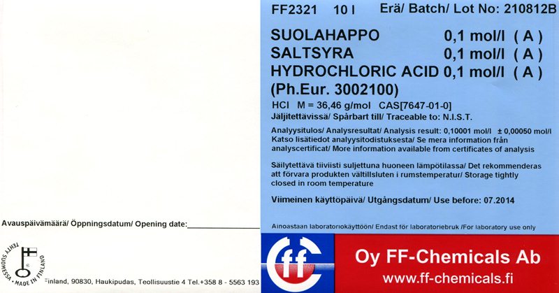 Suolahappo 0,1 mol/l Ph.Eur. (A), NIST-jäljitettävä - FF-Chemicals