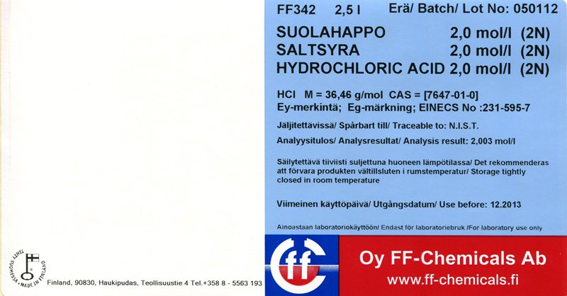 Hydrochloric Acid Solution 2 mol/l (2 N),Traceable to NIST - FF-Chemicals