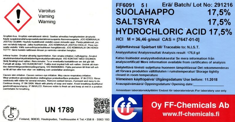 Suolahappo 17,5%, NIST-jäljitettävä - FF-Chemicals