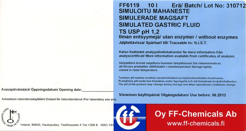 Simulated Gastric Fluid (Without Enzyme), Traceable to NIST - FF-Chemicals