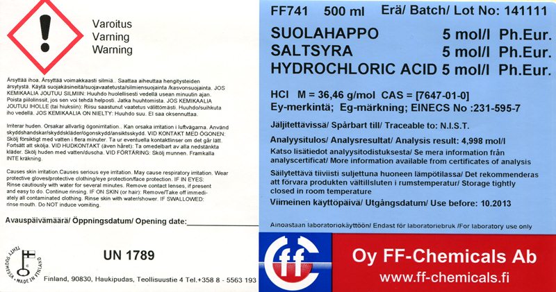 Suolahappo 5 mol/l Ph.Eur.,NIST-jäljitettävä - FF-Chemicals