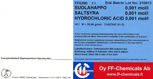 Suolahappo 0,001 mol/l, NIST-jäljitettävä - FF-Chemicals